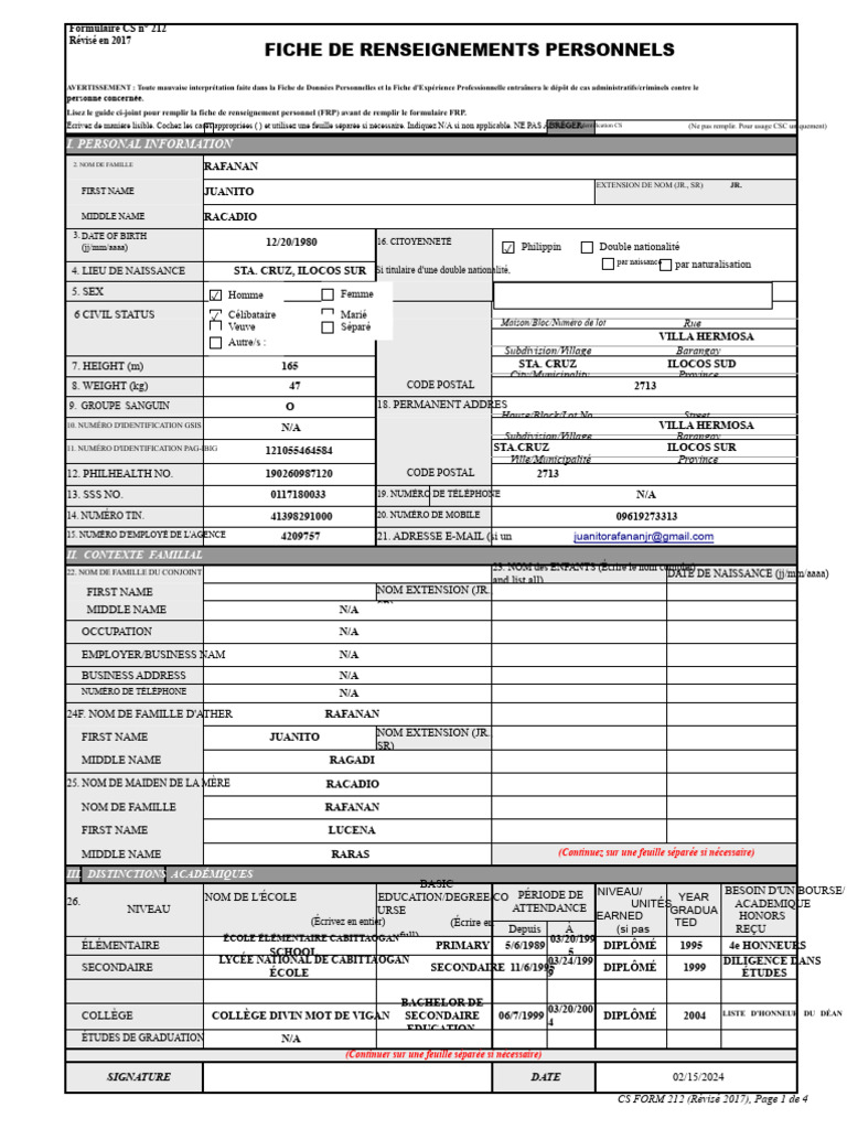 Formulaire CS n° 212 : Renseignements Personnels | PDF | Gouvernement ...