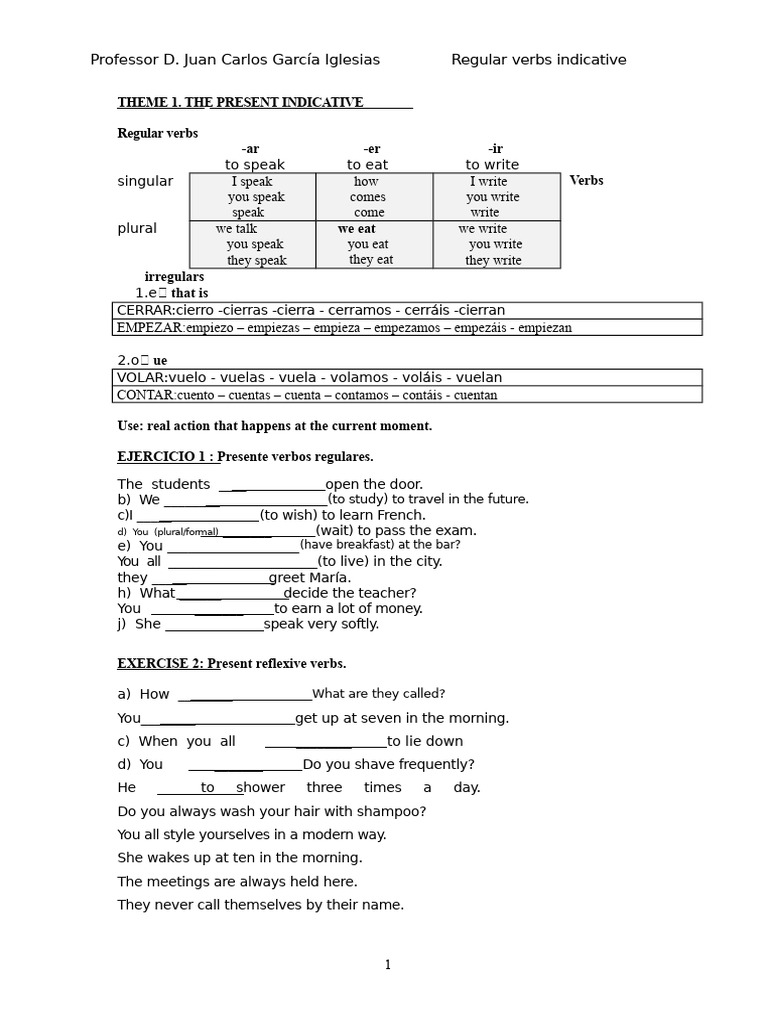 Regular Verbs Exercises Indicative | PDF | Perfect (Grammar ...