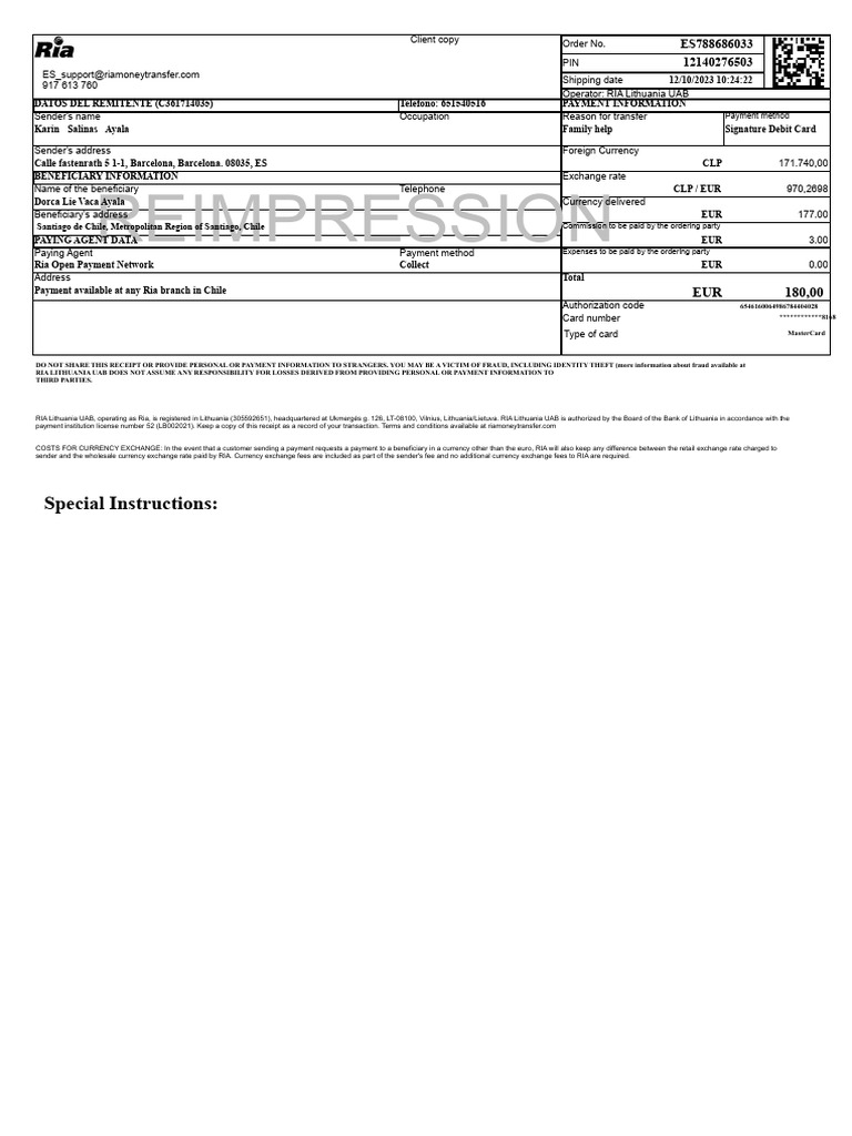 Ria Order Receipt ES788686033 1 | PDF | Payments | Euro