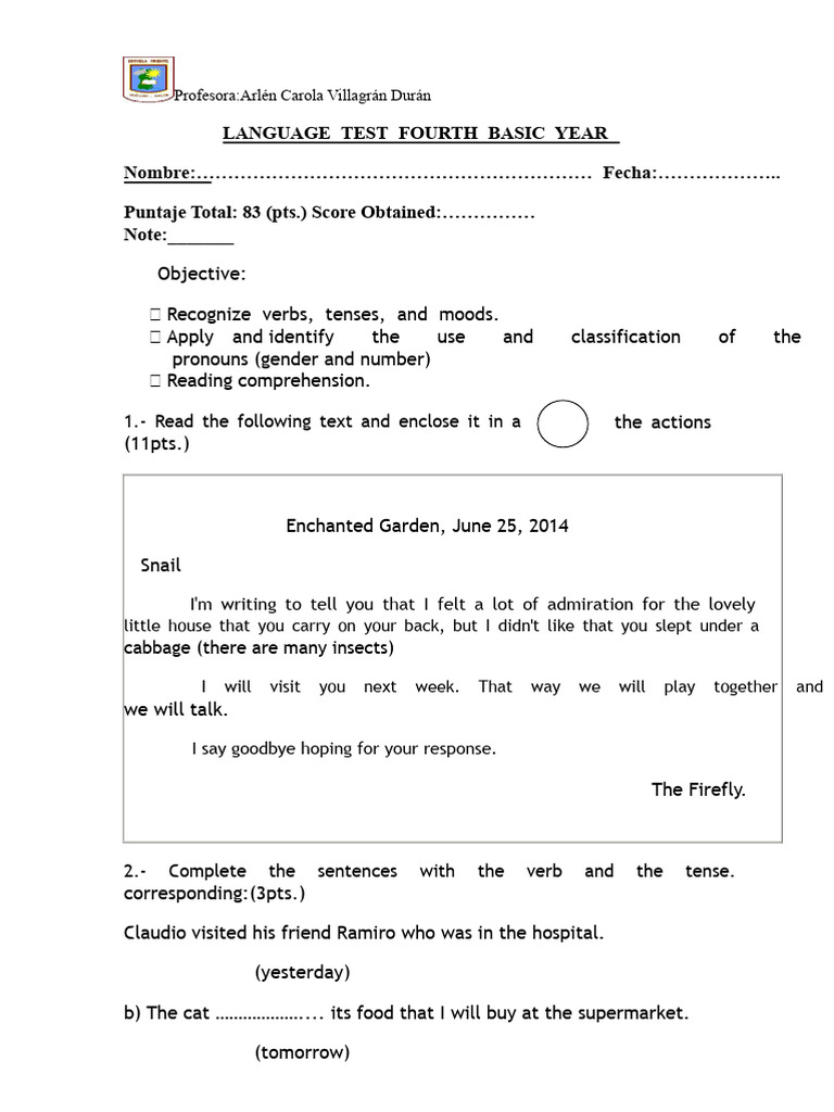 Test Verbs and Pronouns and Reading Comprehension | PDF | Verb | Semantics