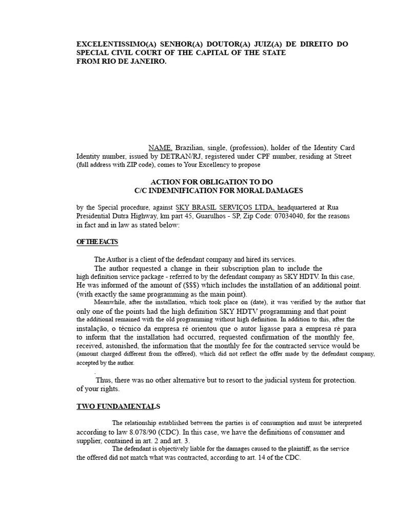 Action For Obligation To Do With Moral Damages - Sky Model | PDF ...