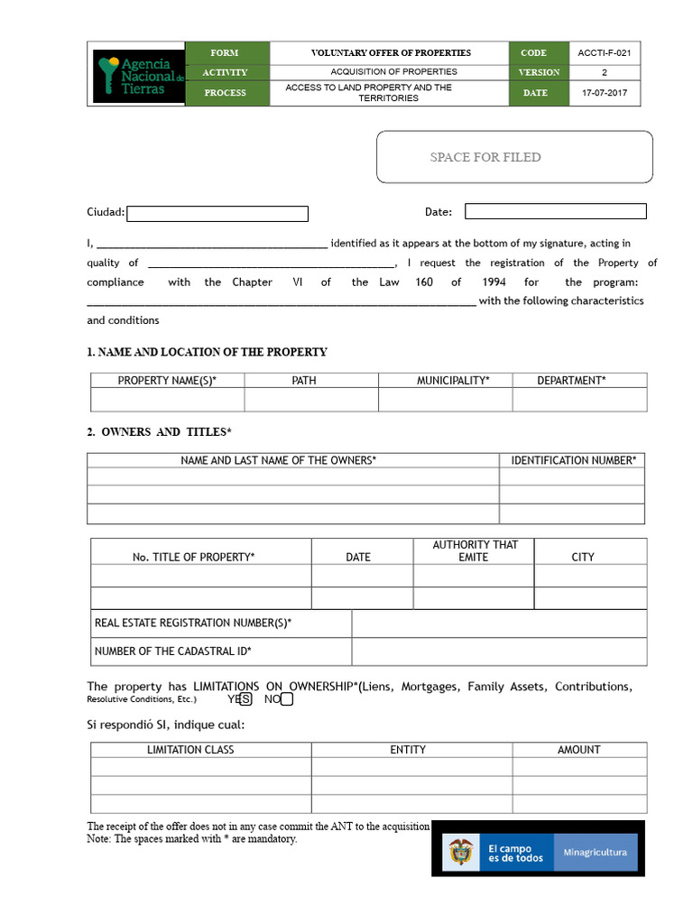 ACCTI F 021 Form VOLUNTARY OFFER OF PROPERTIES | PDF | Property ...