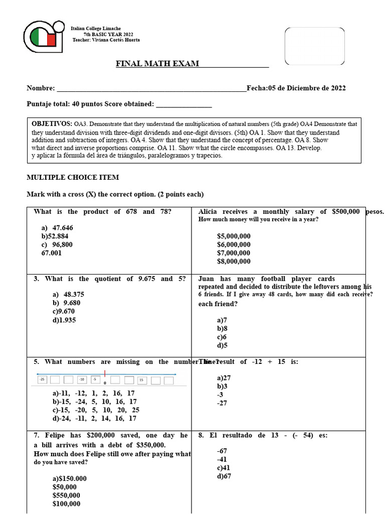 Mathematics Exam 7TH Grade | PDF | Area | Arithmetic