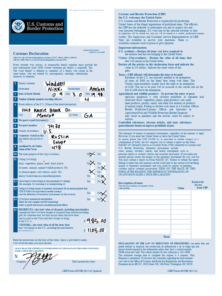 CBP Form 6059b Spanish Fillable | PDF | Customs | U.S. Customs And Border Protection