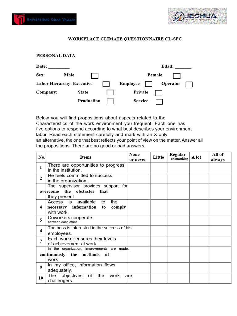 Workplace Climate Assessment Questionnaire | PDF | Questionnaire ...
