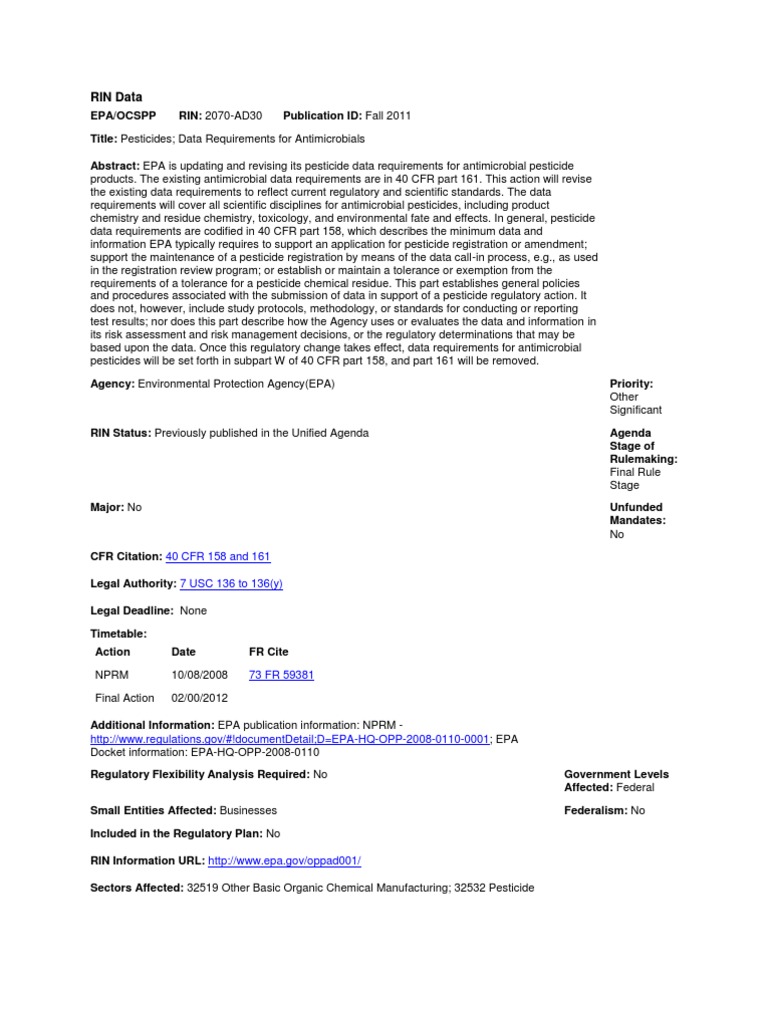 RIN Data: 40 CFR 158 and 161 7 USC 136 To 136 (Y) | PDF | United States ...