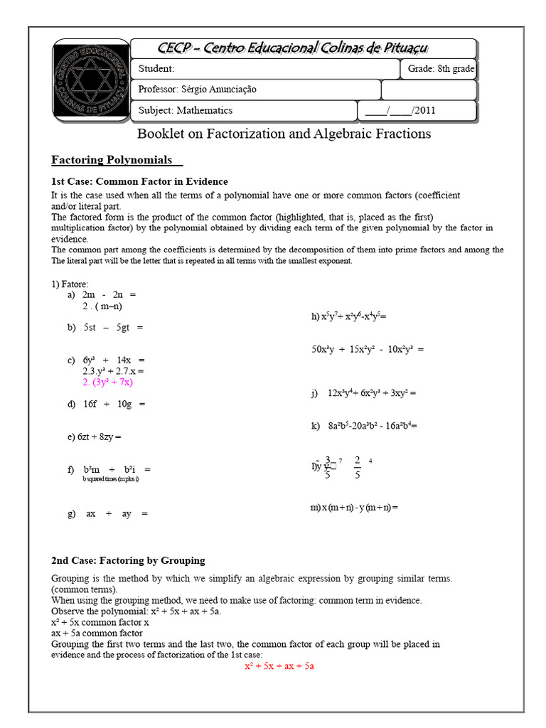 8th Grade List: Factoring and Algebraic Fractions | PDF | Factorization ...