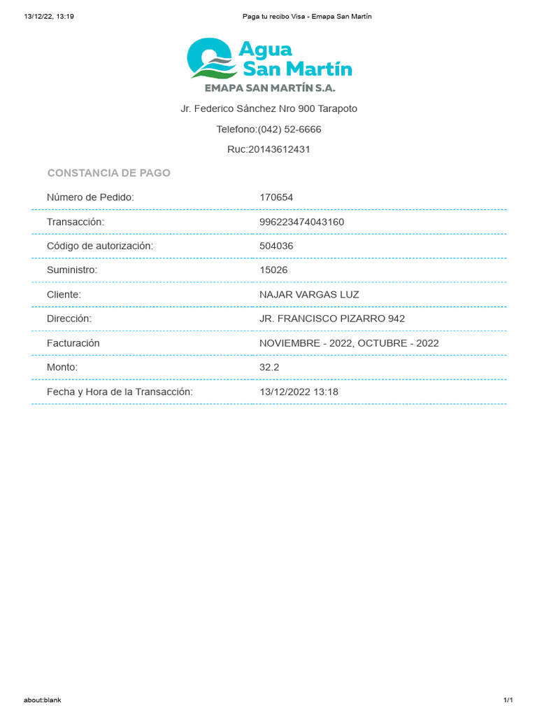 Paga Tu Recibo Visa - Emapa San Martín | PDF