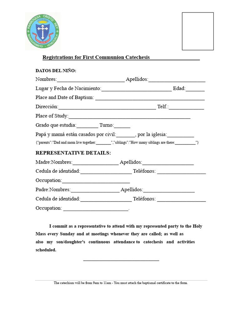 Registration Form For First Communion Parish Christ The King 2017 | PDF