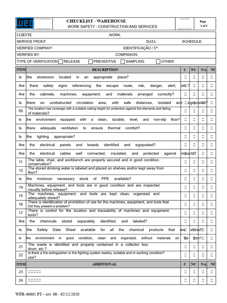 Checklist - Warehouse (Wfr-40601 Rev.00) | PDF | Occupational Safety ...