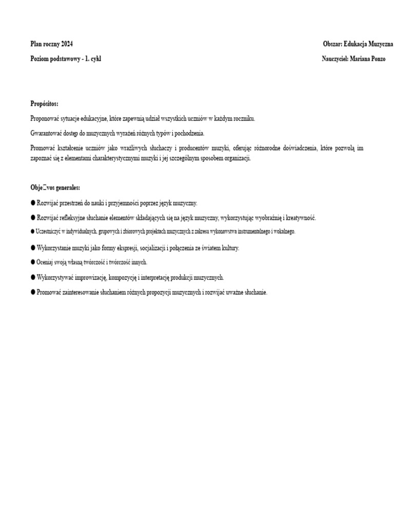 Plan Roczny Edukacja Muzyczna 1. Cykl - 2024 | PDF