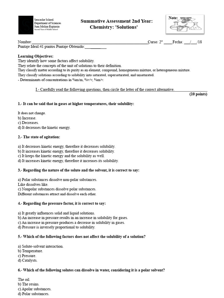 Summative Assessment 2nd Year: Chemistry: 'Solutions': Saucache School ...