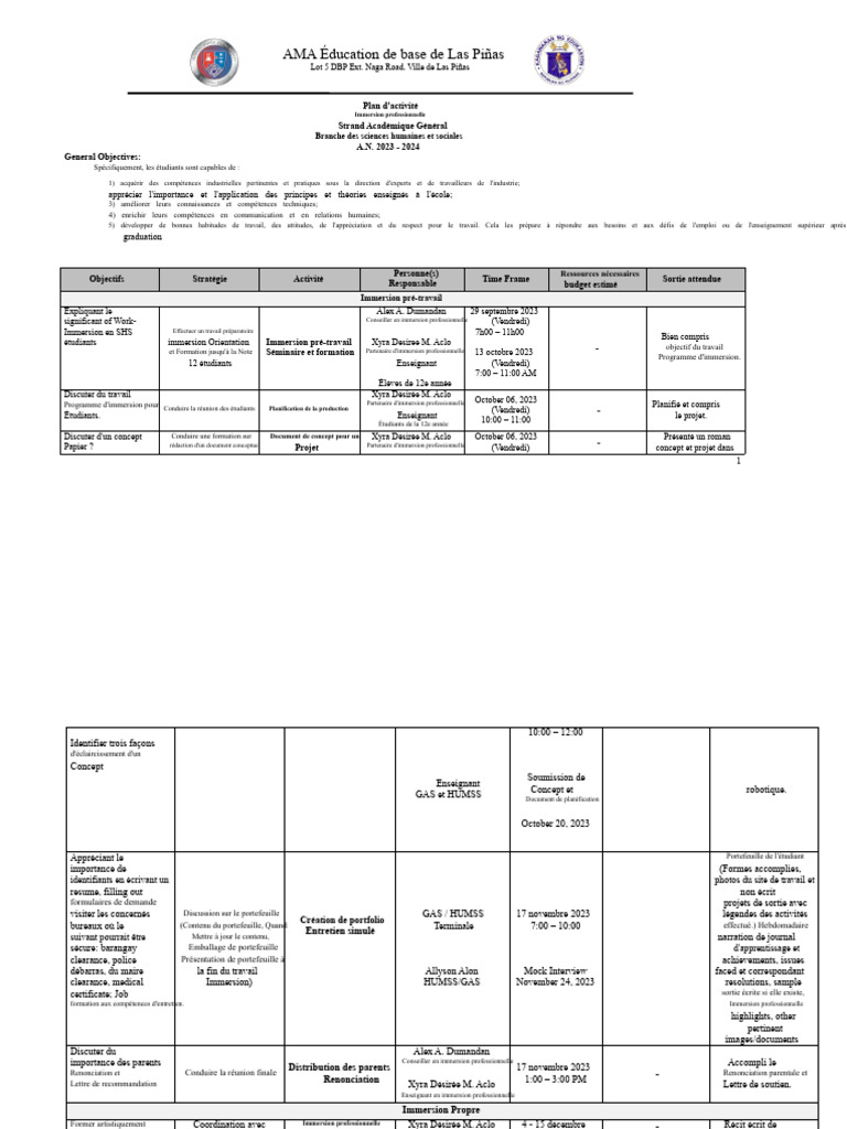 Plan d'immersion professionnelle 2023-2024 | PDF | Science | Apprentissage