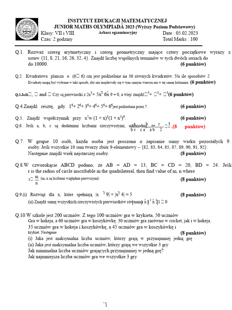 JMO 2023 (7, 8) Arkusz Pytan | PDF