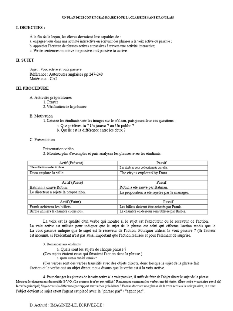 Leçon de grammaire : voix active et passive | PDF | Sujet (Grammaire ...