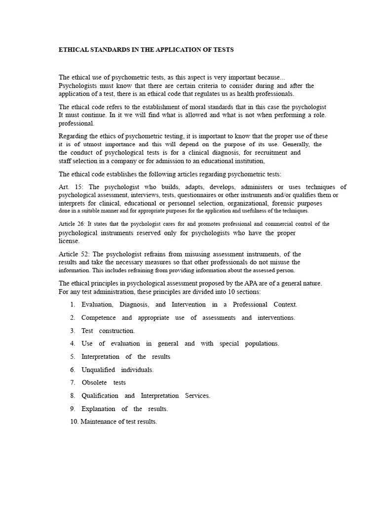 Ethical Standards in The Application of Tests | PDF | Psychologist ...