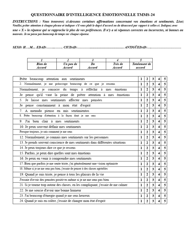 Questionnaire d'Intelligence Émotionnelle TMMS-24 | PDF | Émotions ...