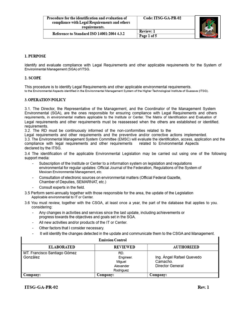 Procedure for the Identification and Evaluation of Compliance with ...