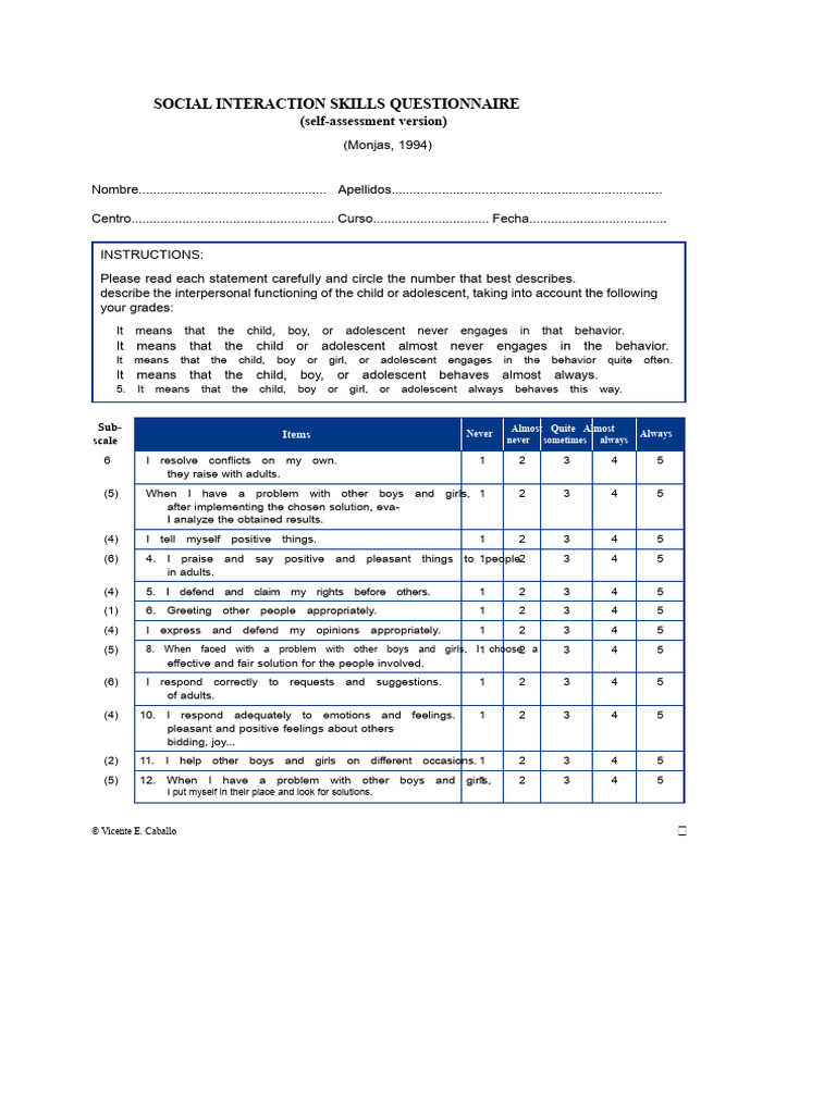2.2.1 Social Interaction Skills Questionnaire | PDF | Feeling | Adolescence