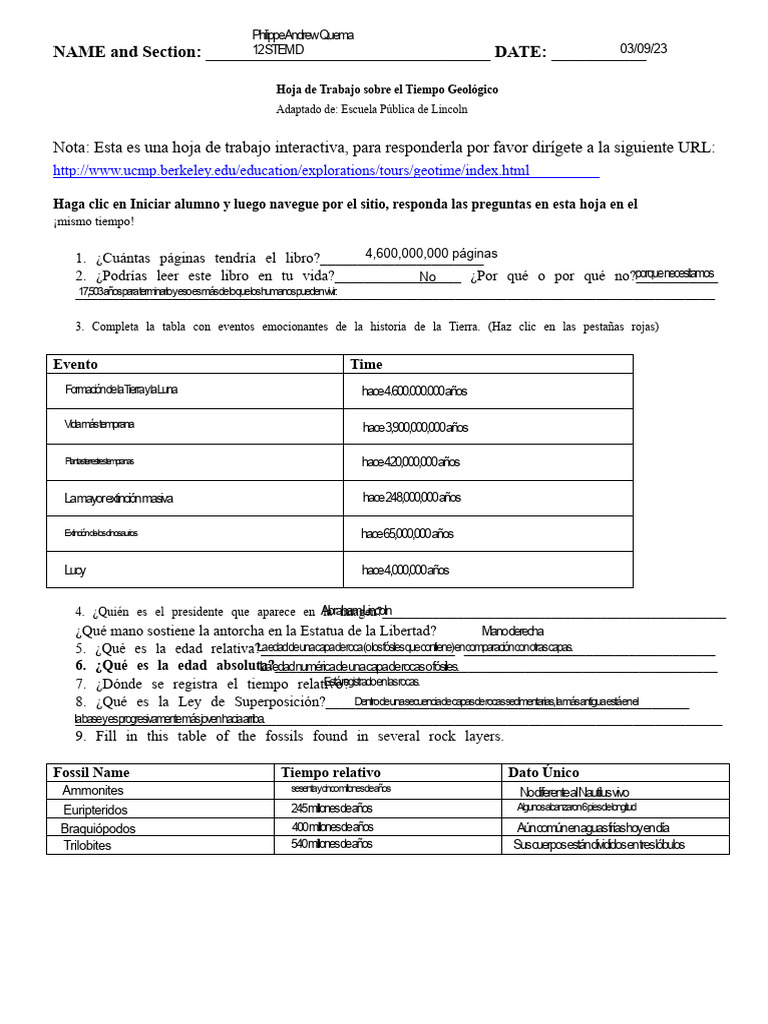 Hoja de Trabajo Sobre El Tiempo Geológico | PDF | Estratigrafía | Geología