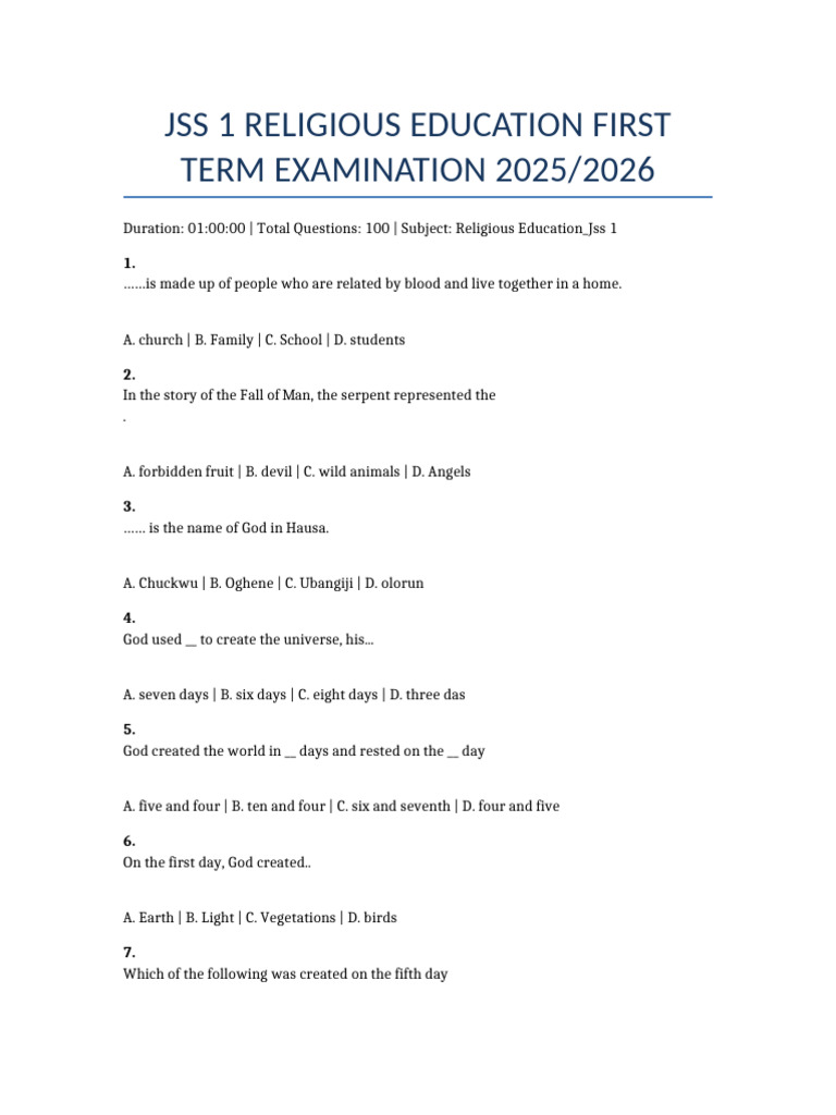 Jss 1 Religious Education First Term Examination 2025 2026 | PDF | God ...