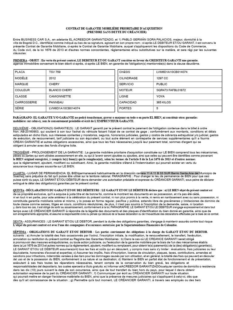 Modèle de Contrat de Garantie Mobilière | PDF | Débiteur | Passif ...
