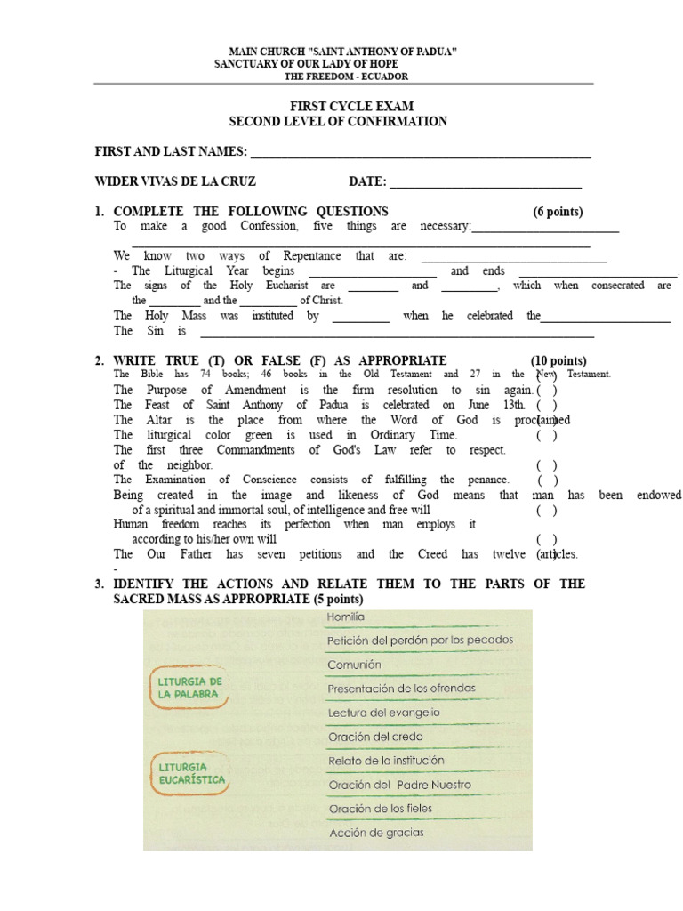 1 Second Level Confirmation Exam | PDF | Mass (Liturgy) | Sacraments