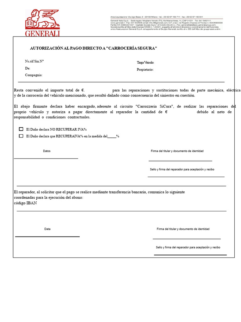 Autorización de Pago Directo a Carrocería | PDF