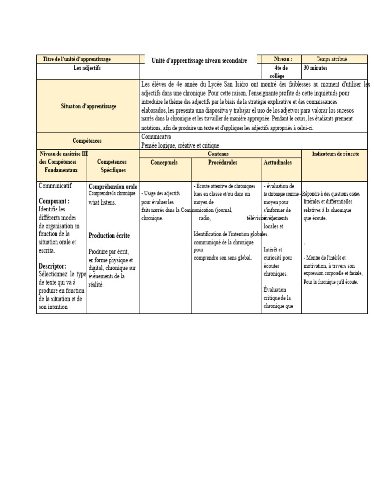 Apprentissage des adjectifs en 4e année | PDF | Pédagogie ...