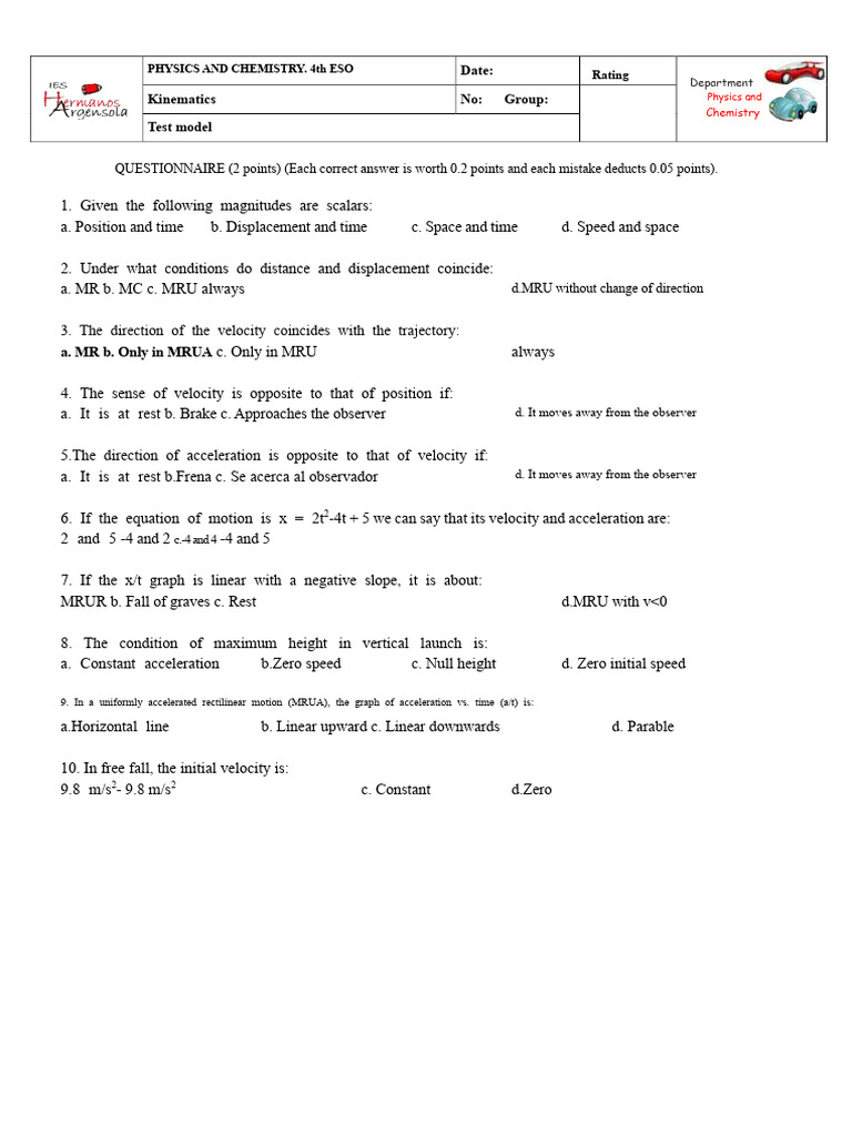 Solved Model of Kinematics Test | PDF | Velocity | Kinematics