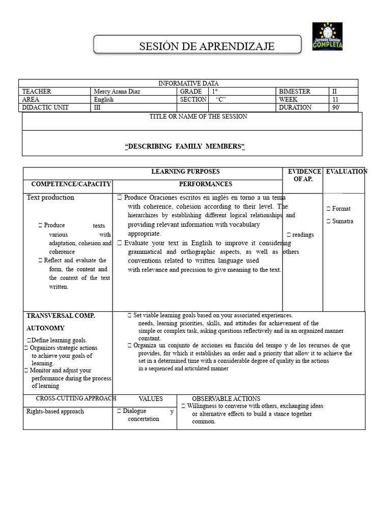 Describing Family Members Lesson Plan | PDF | Learning | Human ...