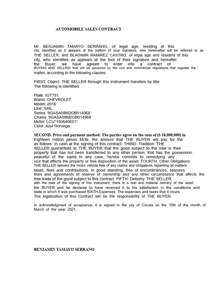 CONTRACT FOR THE SALE OF MOTOR VEHICLE-1, Traffic Power. | PDF ...