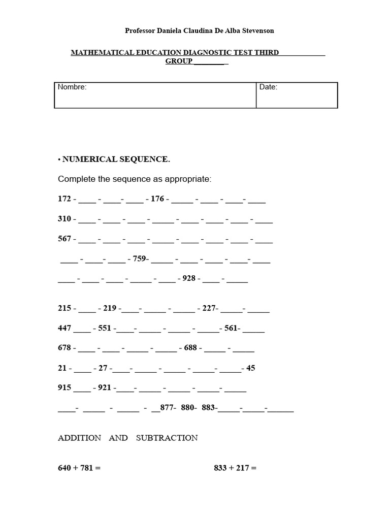 Diagnostic Test of Mathematical Education Third Grade | PDF | Discrete ...