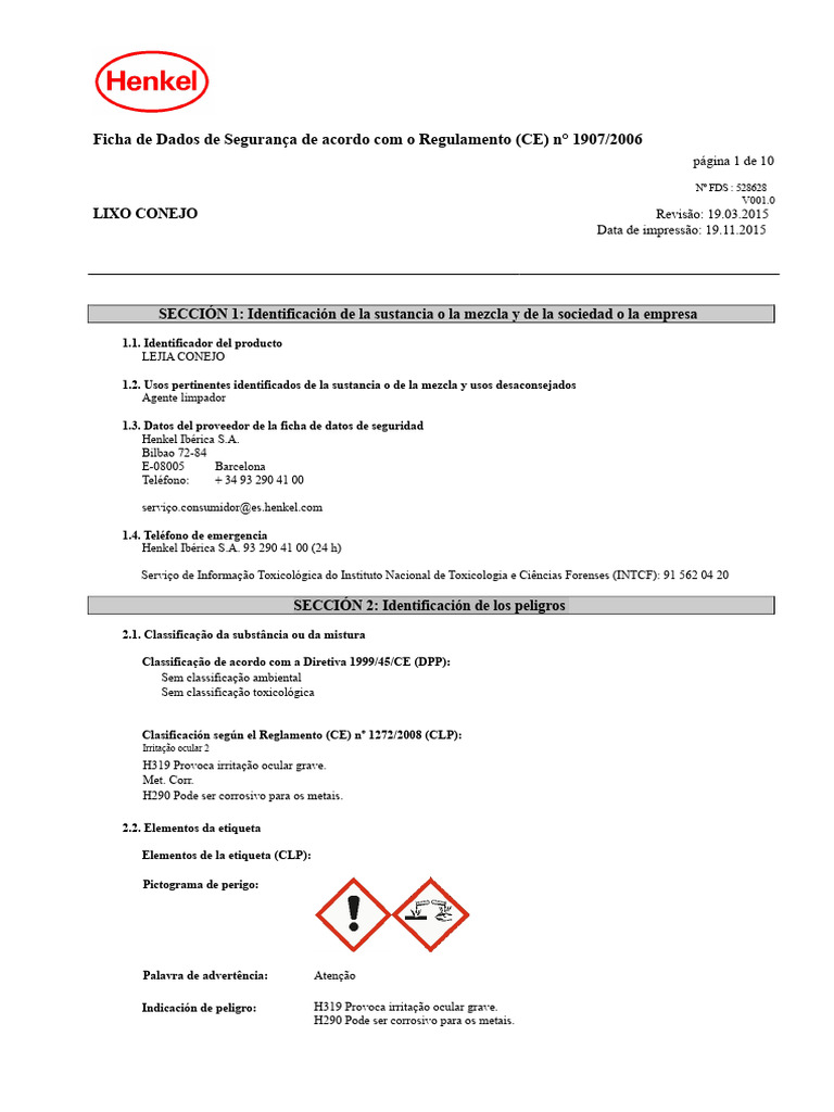 FDS alvejante Conejo.pdf | PDF | Toxicidade | Cloro