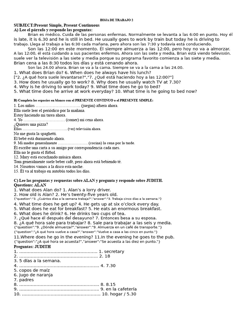 Hoja de Trabajo 2 (Presente Simple Vs Presente Continuo) | PDF