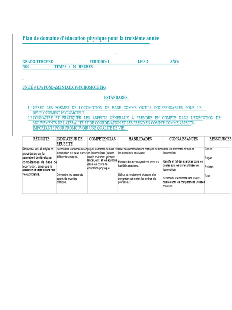 Plan d'éducation physique 3e année | PDF | Des sports | Pédagogie