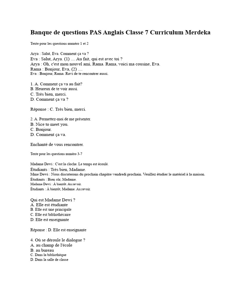 Questions d'anglais pour la classe 7 | PDF