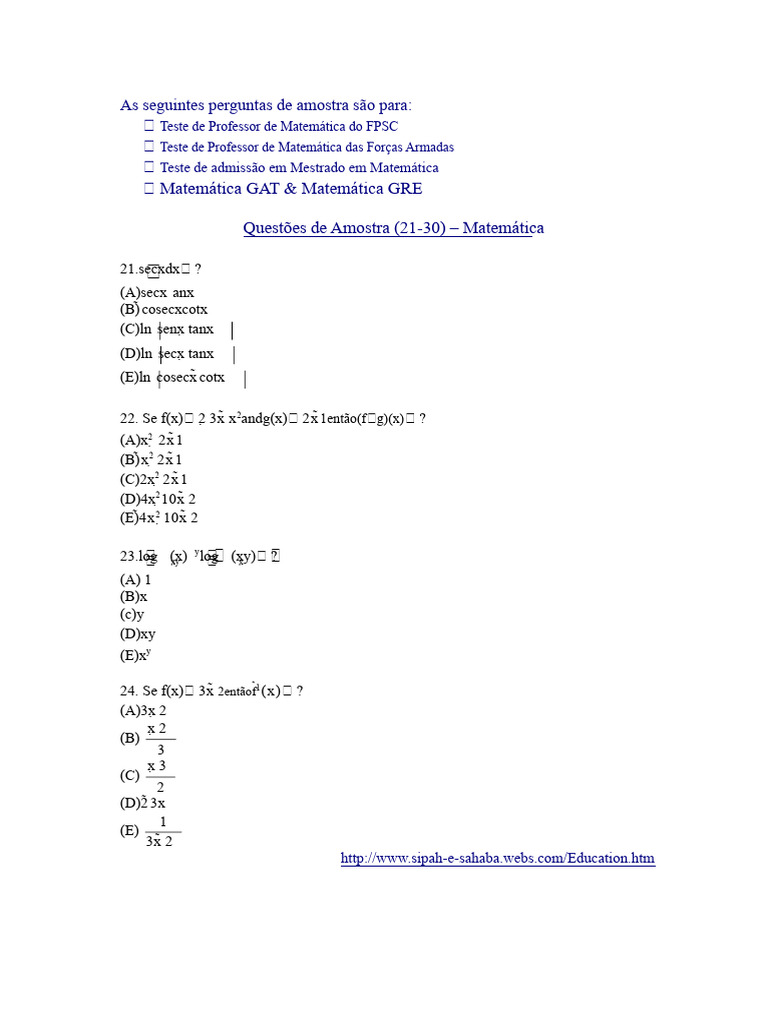 Questões de Amostra do Teste de Matemática - Perguntas de Múltipla ...