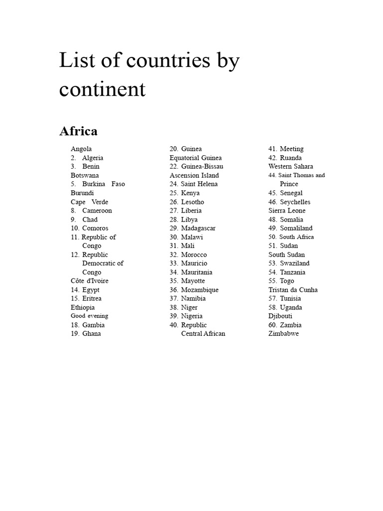 List of Countries by Continent | PDF | Africa | Currency