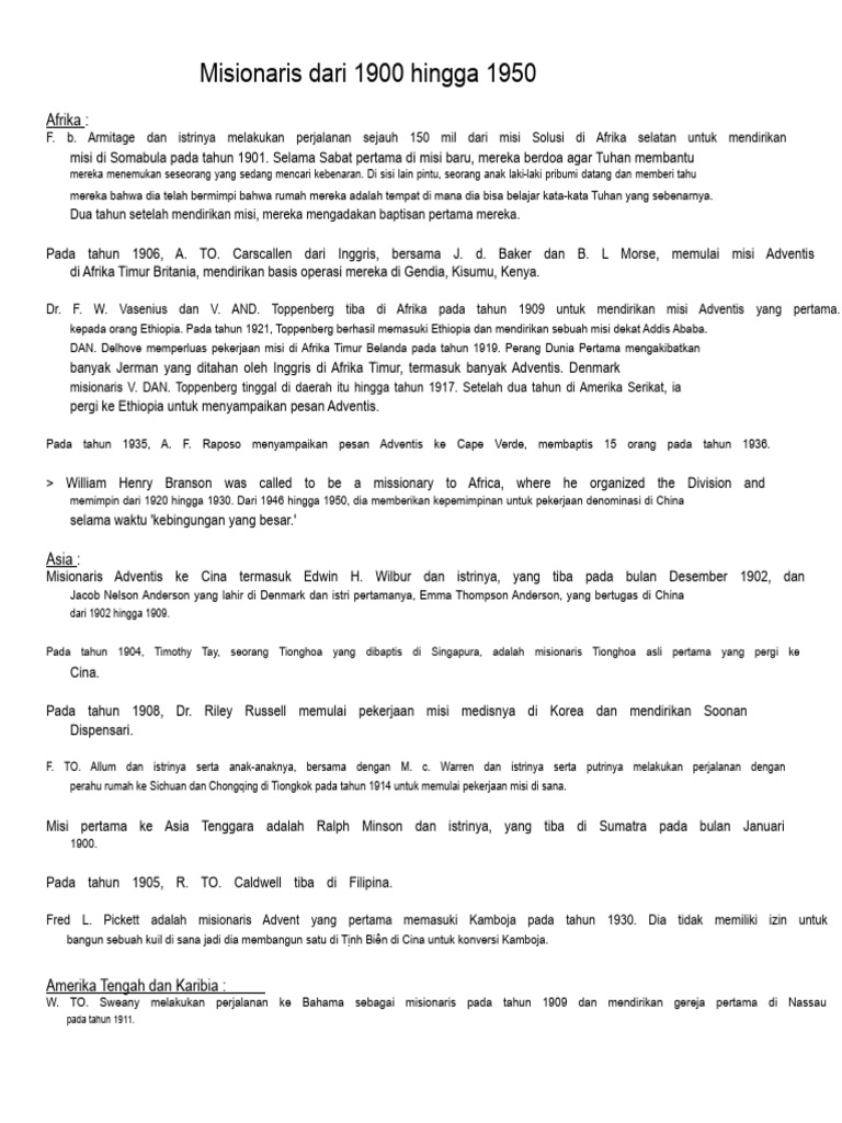 Misionaris Adventis Dari Tahun 1900 Hingga 1950 | PDF