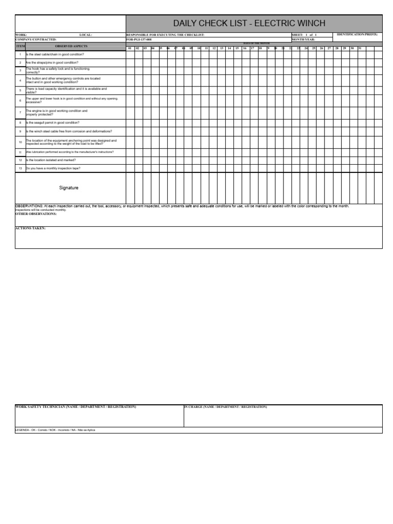 Daily Electric Winch Inspection Checklist | PDF