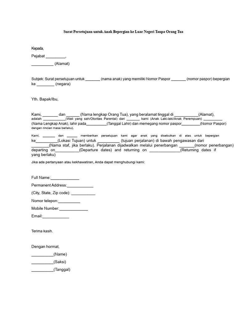 Surat Persetujuan Anak Bepergian Luar Negeri | PDF
