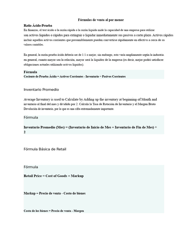 Fórmulas de Venta Al Por Menor | PDF | Margen bruto | Costo