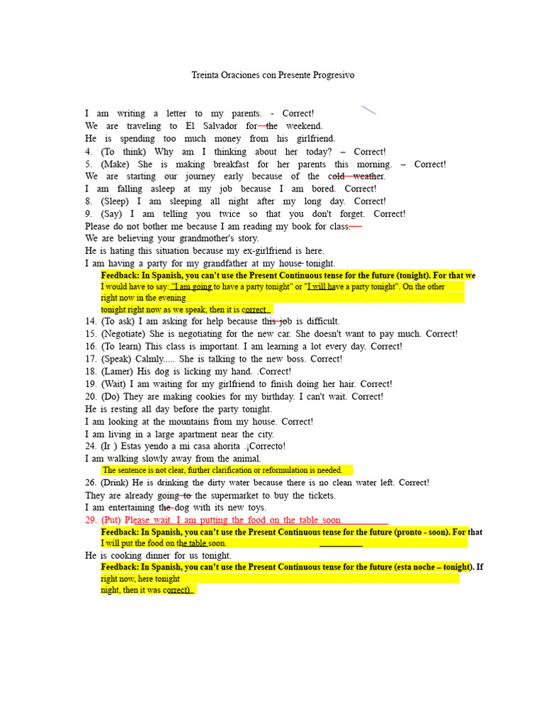 Thirty Sentences With Present Progressive (Corrected) | PDF