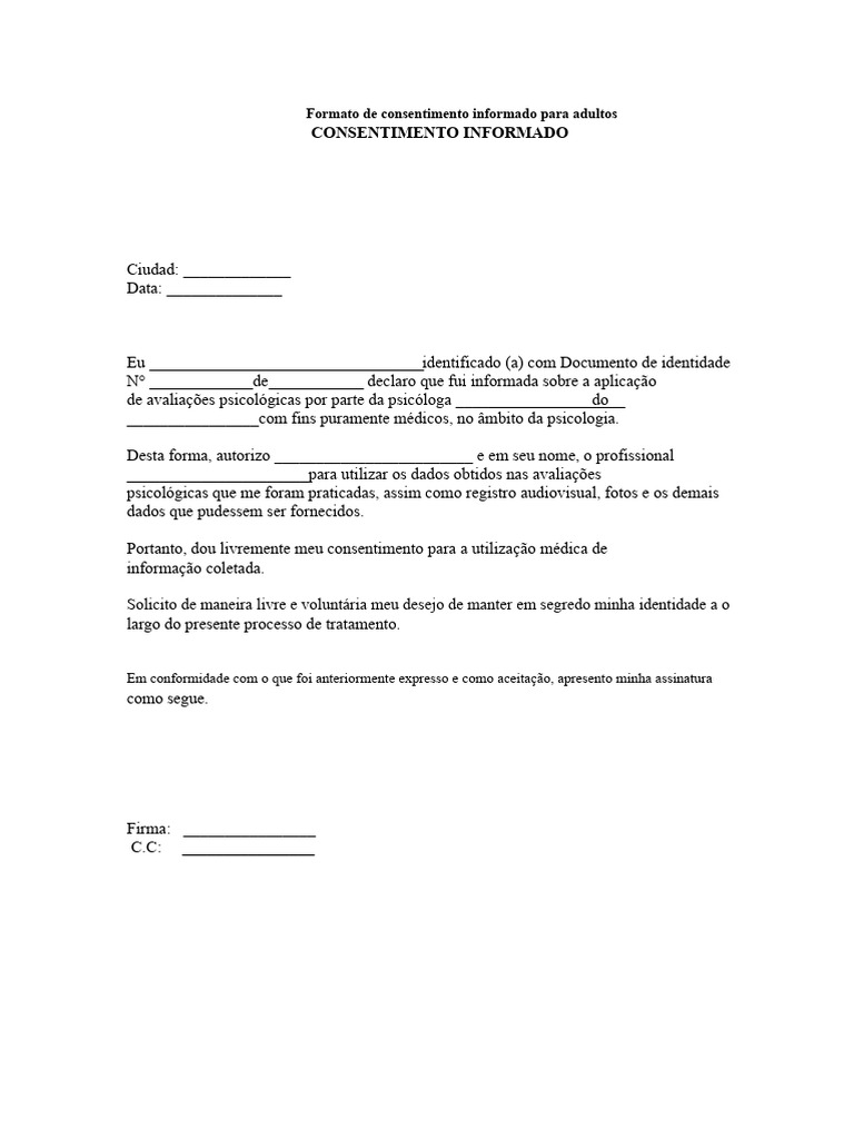 Formato de Consentimento Informado para Adultos e Menores de Idade em ...