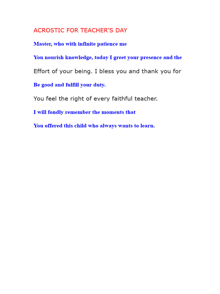 Acrostic For Teacher's Day | PDF | Teachers