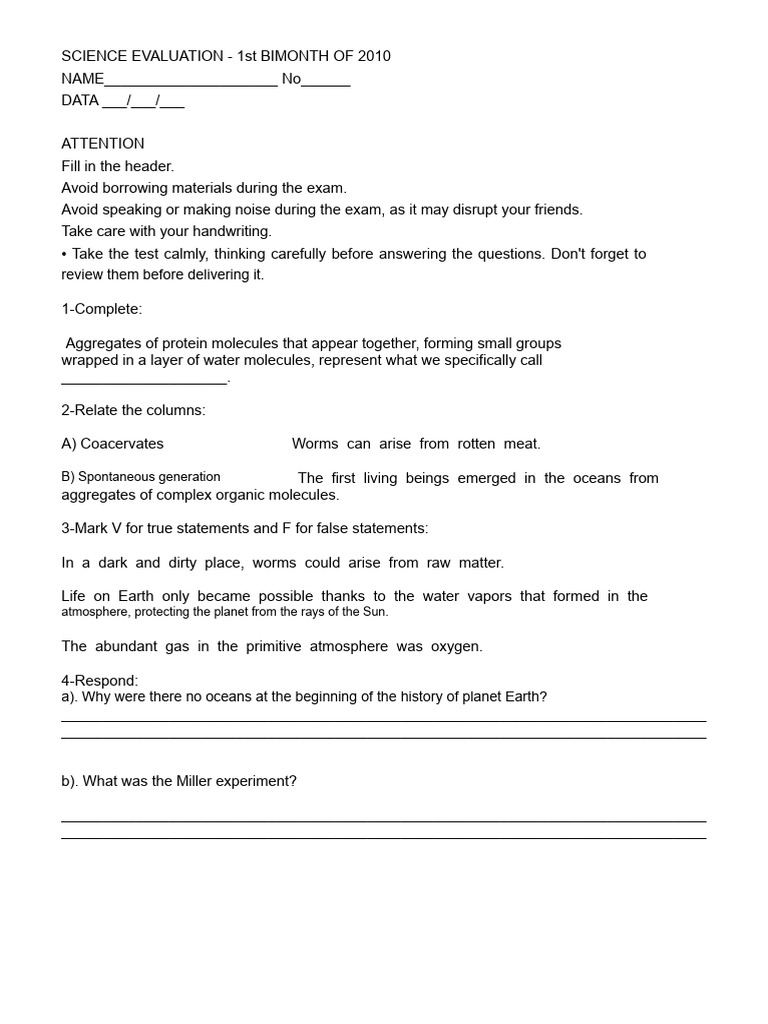 SCIENCE EVALUATION 7th Grade 2 | PDF | Abiogenesis | Earth