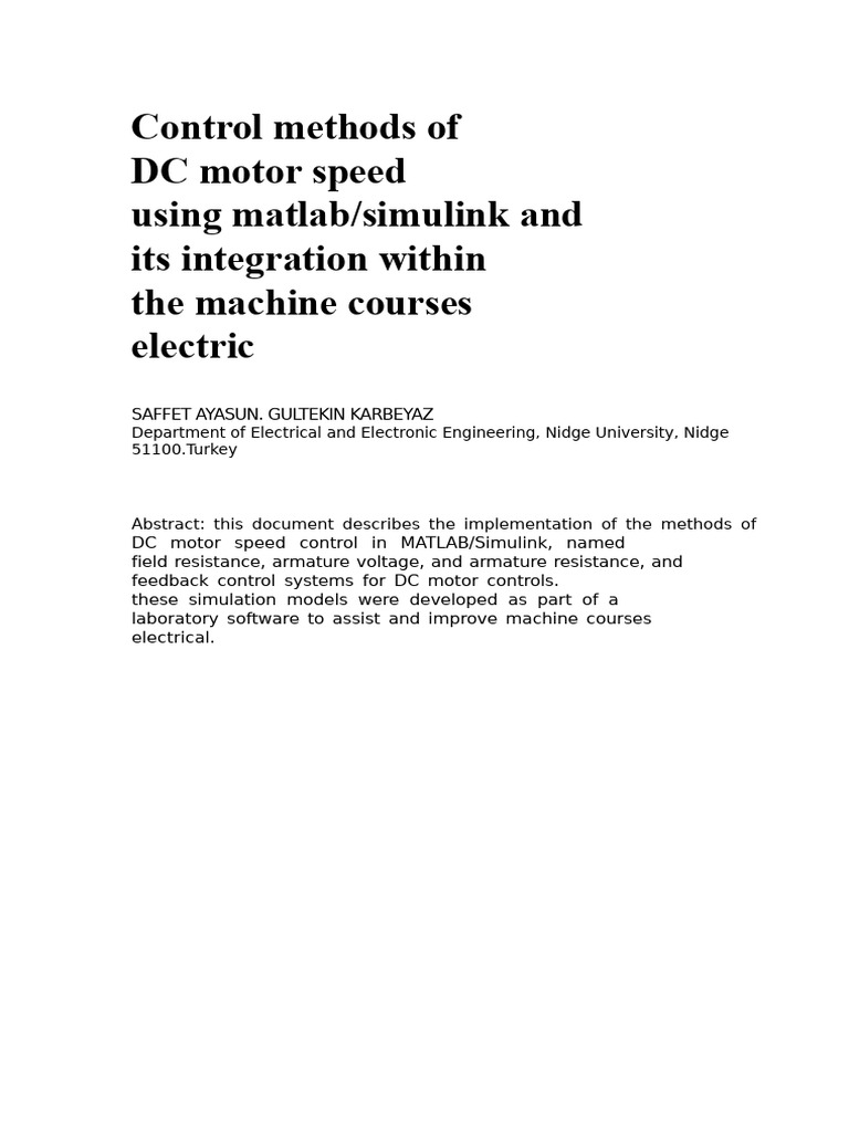 Methods For DC Motor Speed Control Using Matlab | PDF | Electrical ...