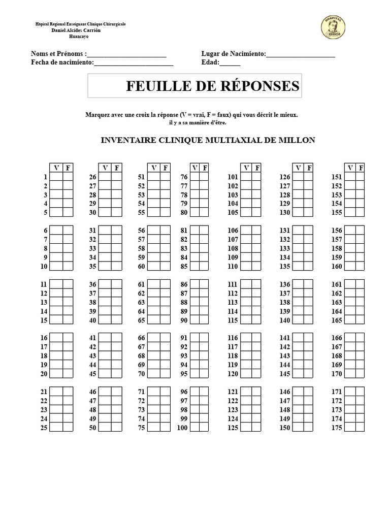 Feuille de réponses clinique Millon | PDF