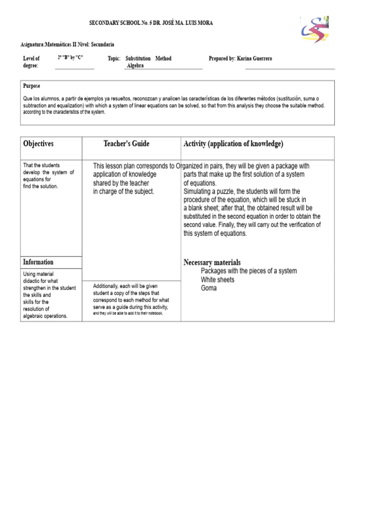 Class Plan Substitution Method | PDF | Equations | Mathematical Objects